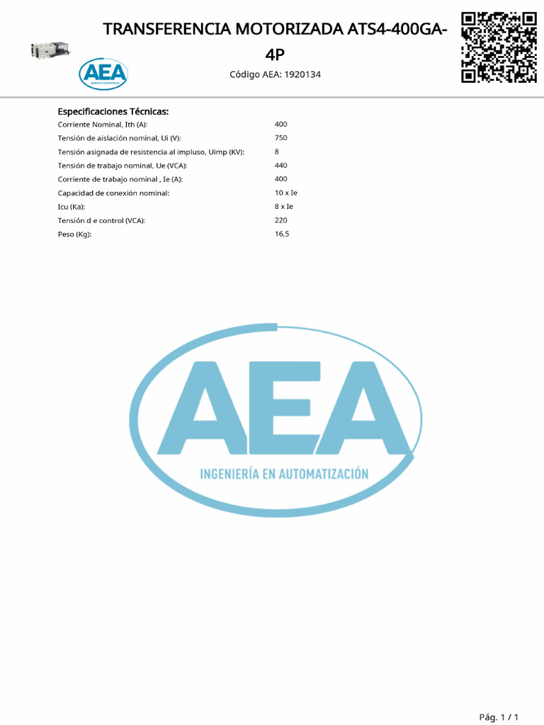 Ficha Aea - Transferencia Motorizada Ats4-400ga-4p (1920134) | PDF