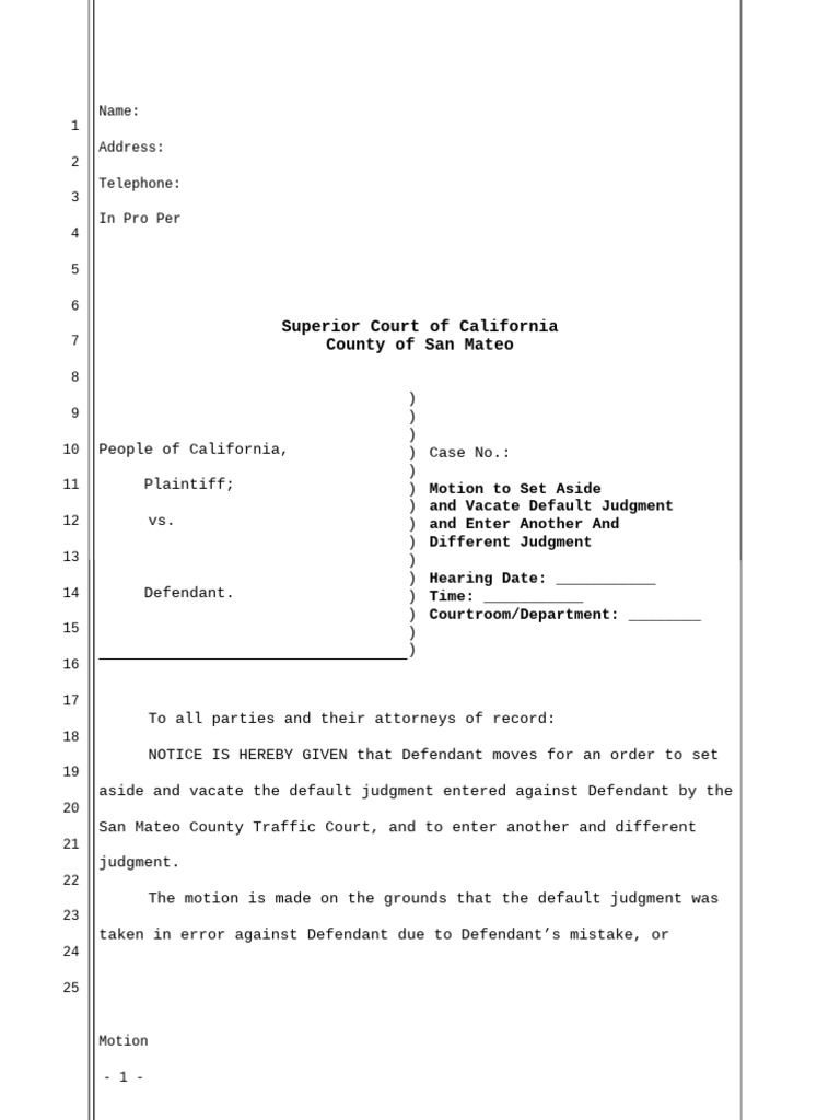 Motion to Vacate Default Judgment | PDF | Default Judgment | Justice