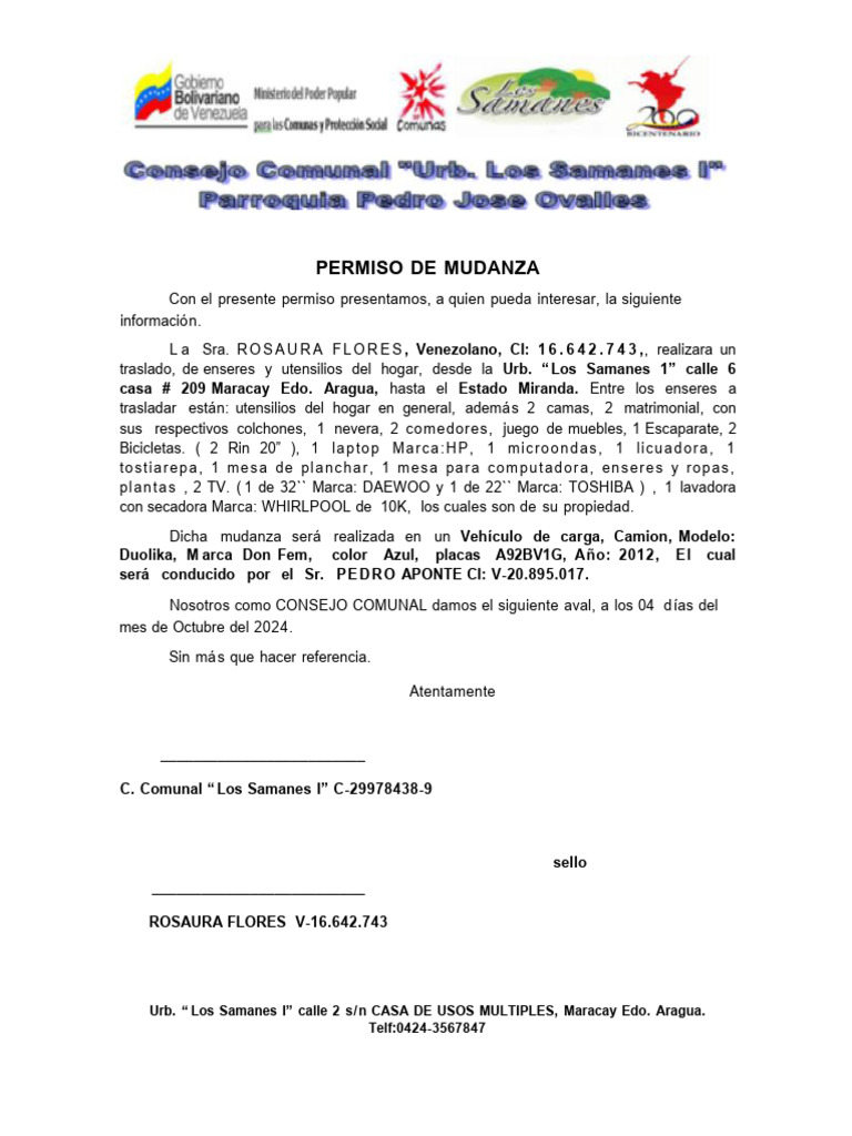 Permiso de Mudanza Sra Rosaura Flores | PDF