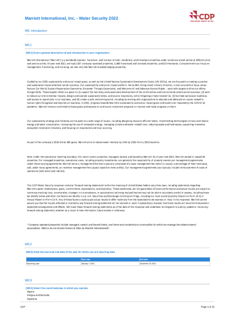 Marriott CDP Water Security 2022 | PDF