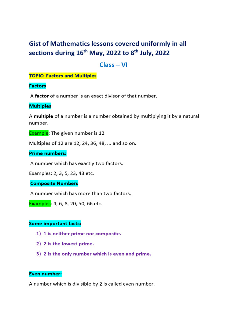 Gist - 2 of Maths Lessons Class Vi | PDF | Numbers | Discrete Mathematics