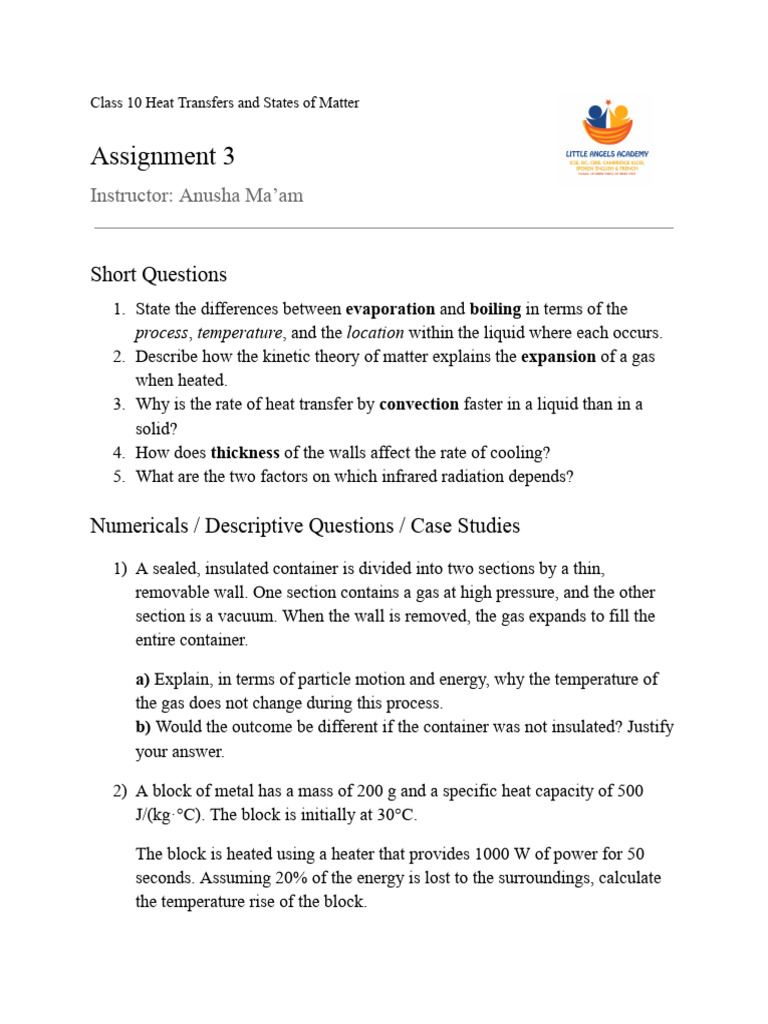 Assignment 3 (Heat Transfers, Matter) | PDF