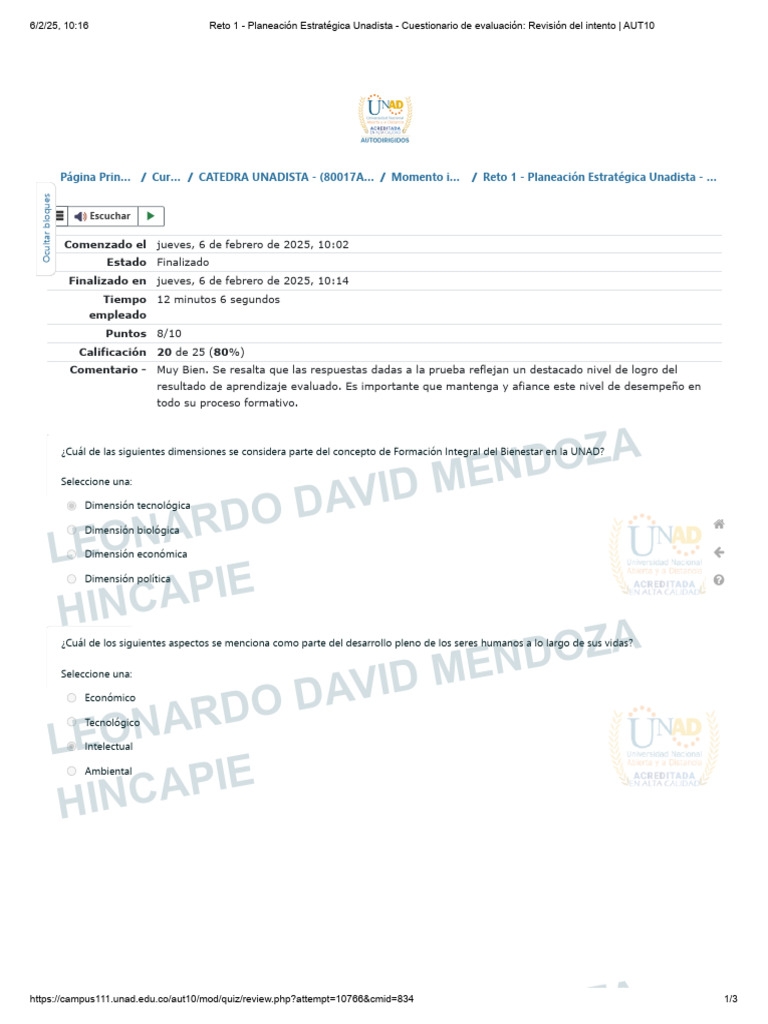 Reto 1 - Planeación Estratégica Unadista - Cuestionario de Evaluación ...