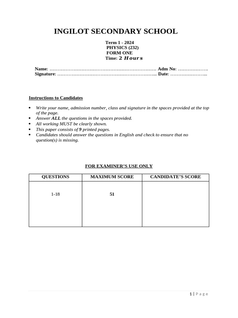 Undefined Physics Form 1 - Question Paper | PDF | Weight | Force