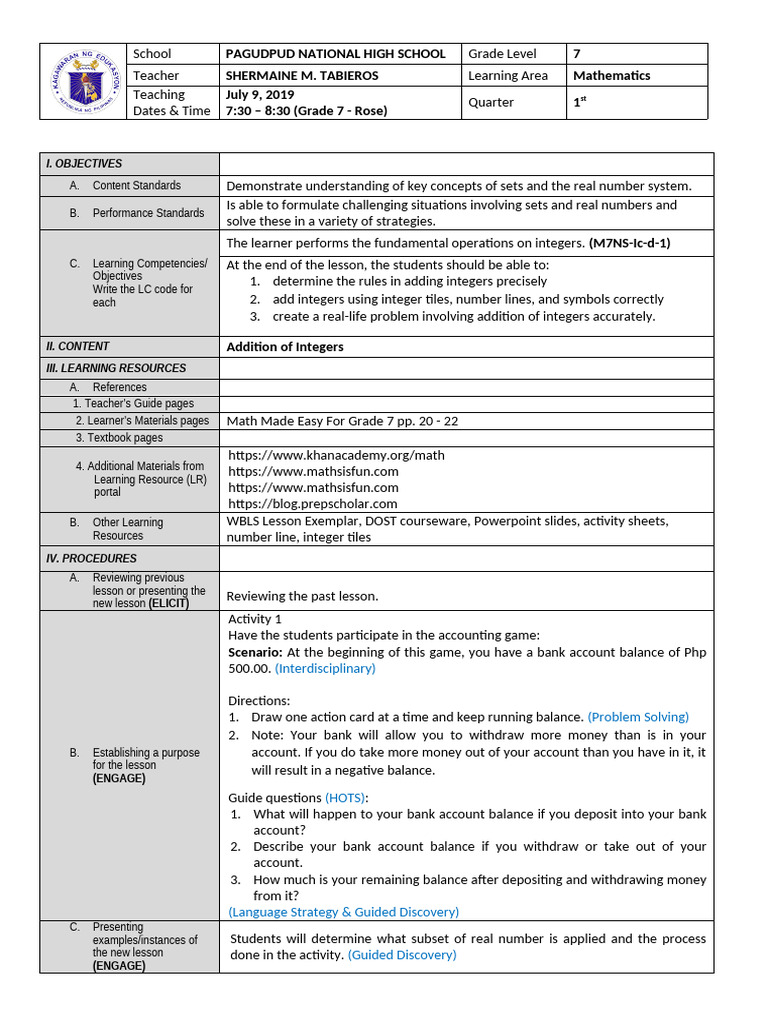 DLP Addition of Integers | PDF | Cognitive Science | Behavior Modification