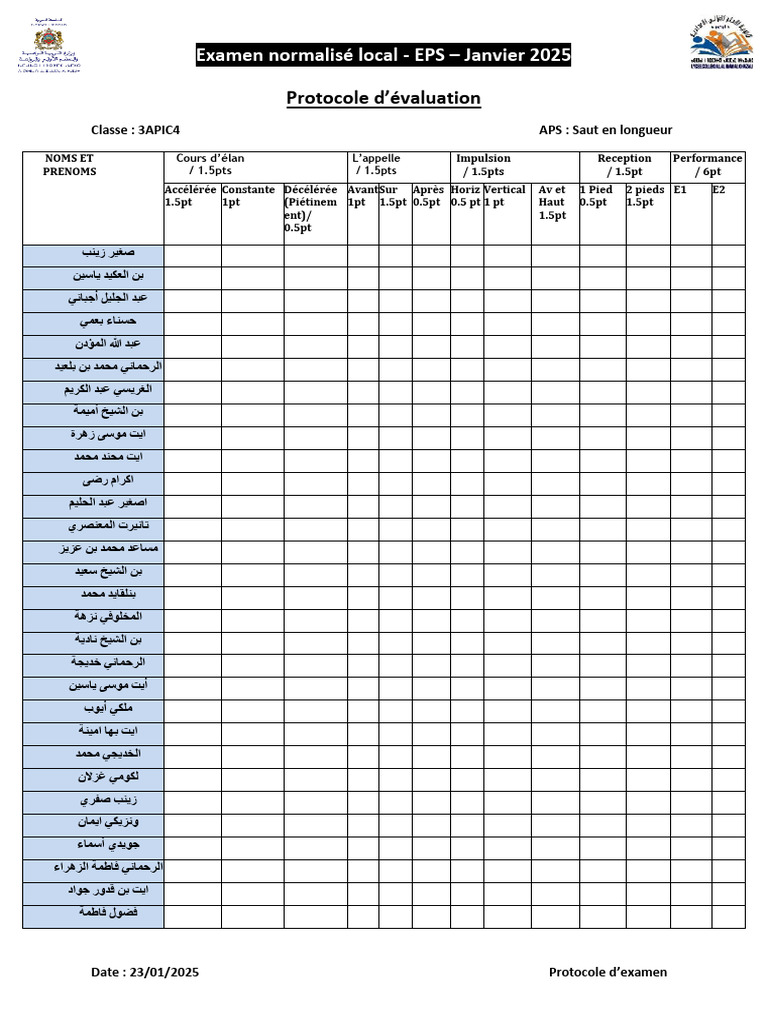 Examen Normalisé Local - EPS - Janvier 2025 | PDF
