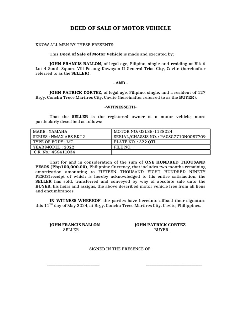 Motor Vehicle Sale Agreement Template | PDF | Private Law | Natural ...