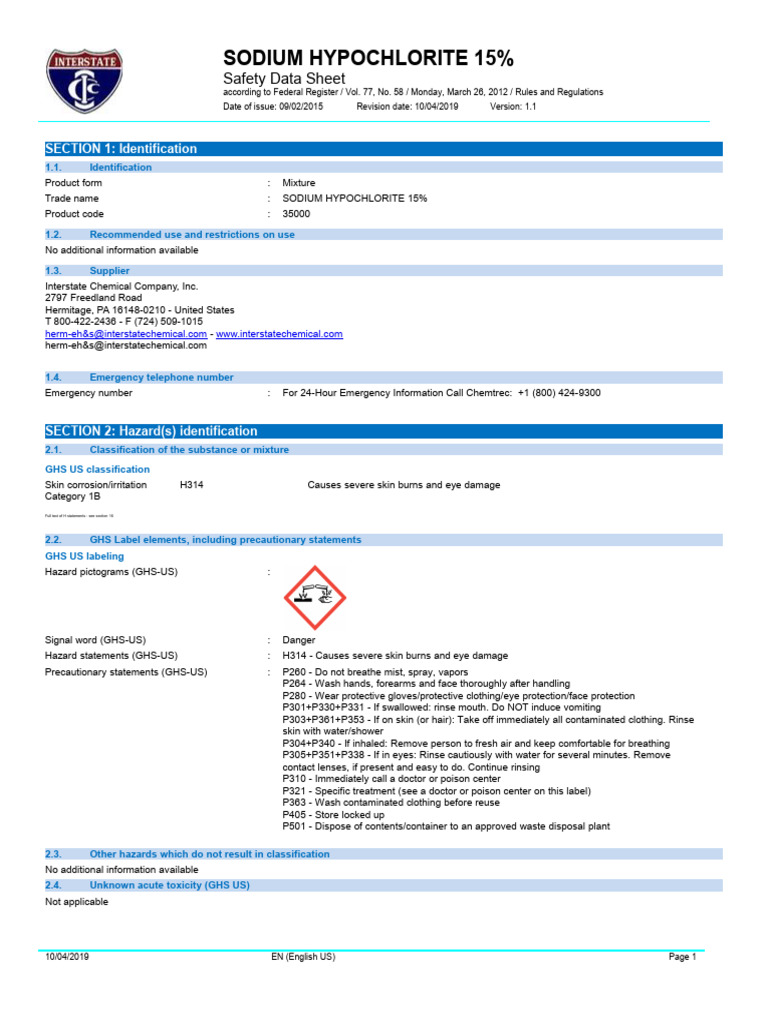 Sodium Hypochlorite Insterstate Chemical Co Sds Pdf Toxicity
