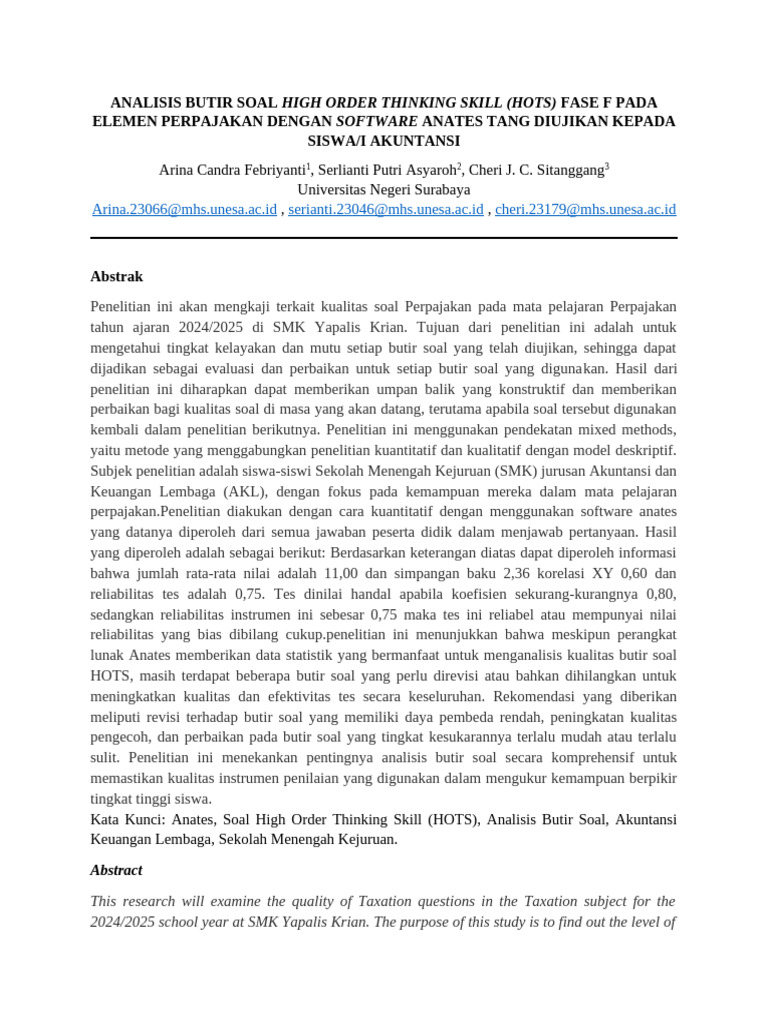 Jurnal Analisis Soal HOTS Perpajakan Dengan Aplikasi Anates | PDF