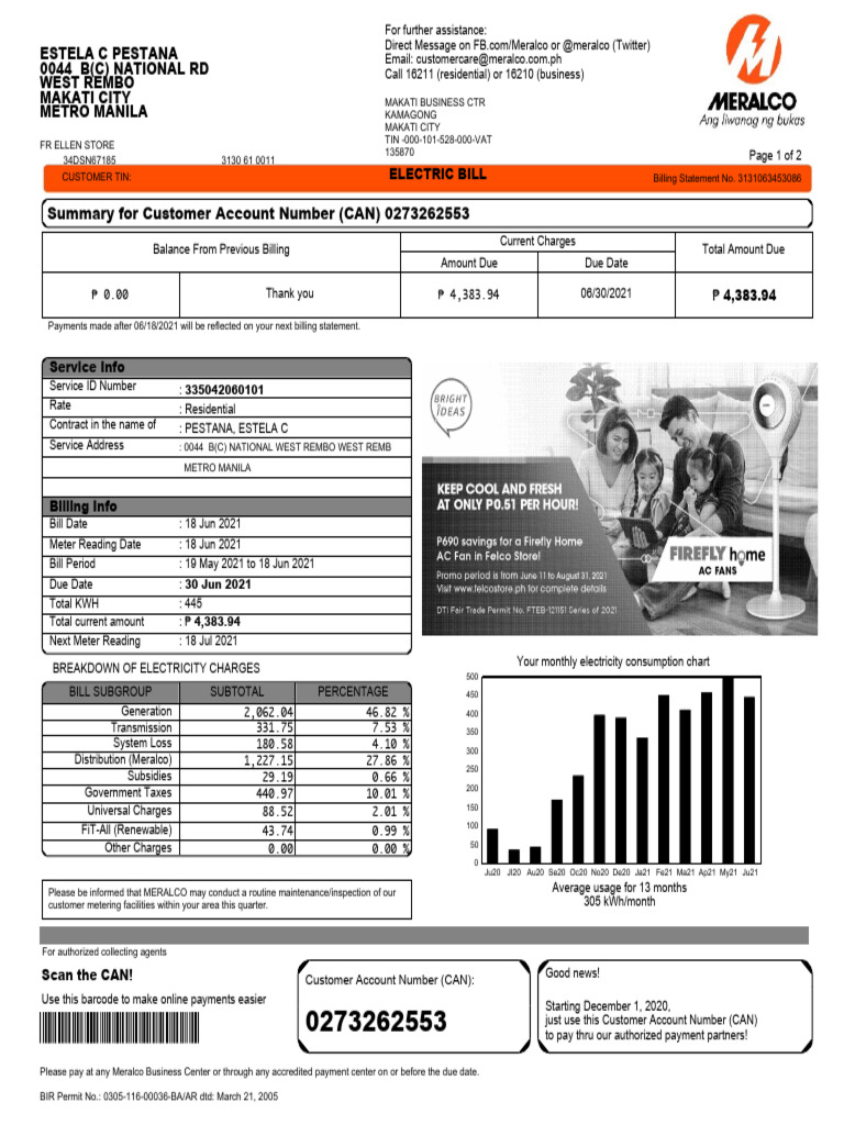 Meralco Electric Bill Summary | PDF | Value Added Tax | Banks