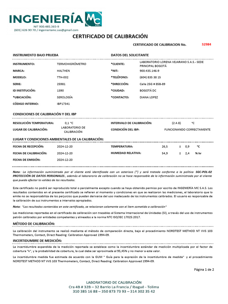 Certificado de Calibración Termohigrómetro | PDF | Metrología | Cantidades fisicas