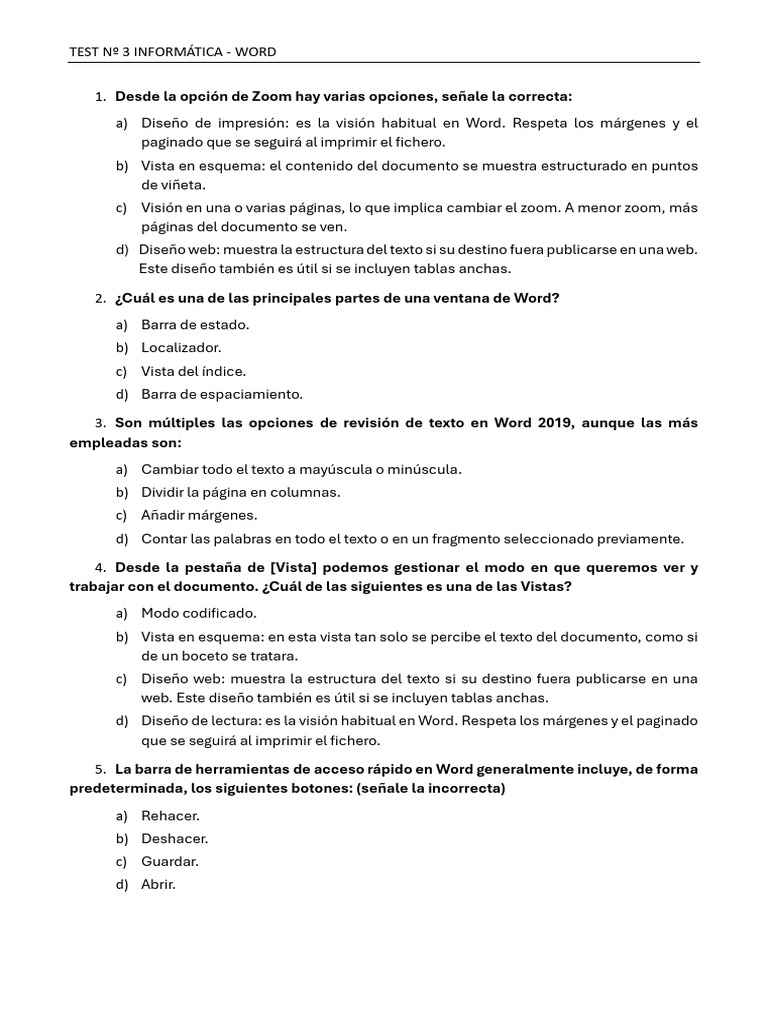 Test de Word 2019: Preguntas y Respuestas | PDF | Microsoft Word ...