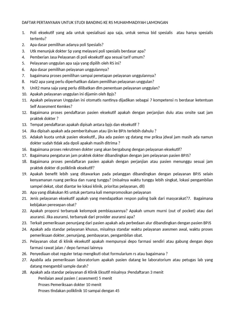 Daftar Pertanyaan Untuk Studi Banding Ke Rs Muh Lamongan | PDF