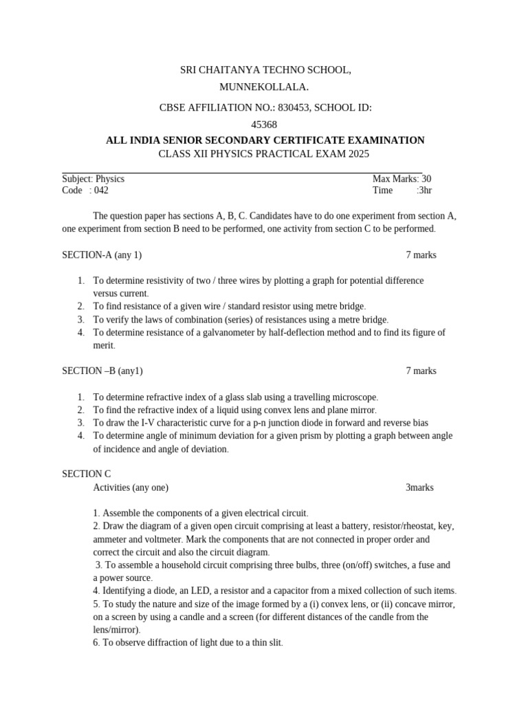 Class 12 Physics Practical Exam | PDF | Electrical Network | Mirror