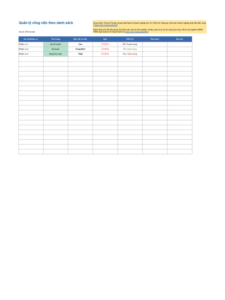 Mẫu quản lý công việc theo danh sách - Fastwork.vn | PDF