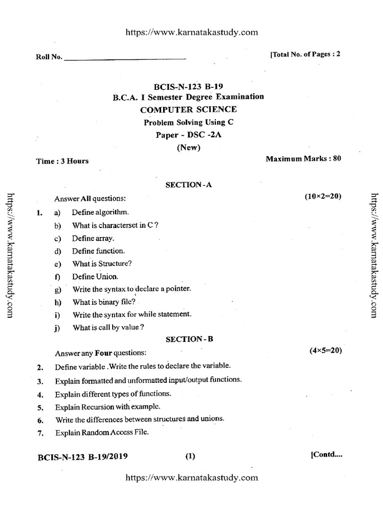 Bca 1 Sem Cs Problem Solving Using c n 123 2019 | PDF