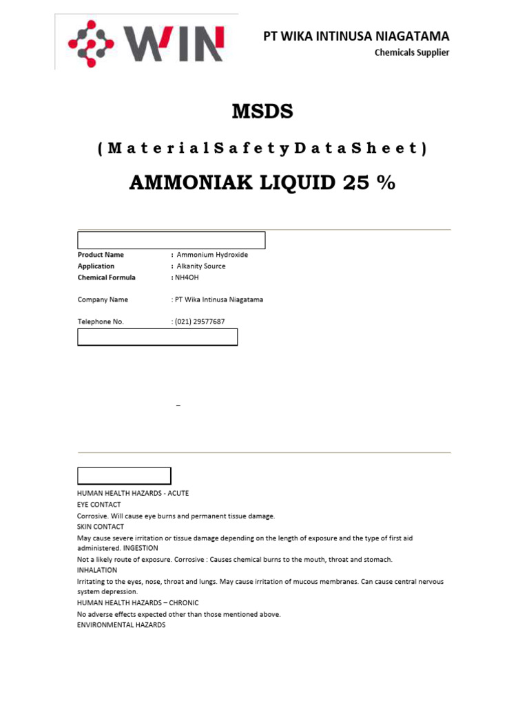 Ammonium Hydroxide MSDS Overview | PDF | Dangerous Goods | Waste