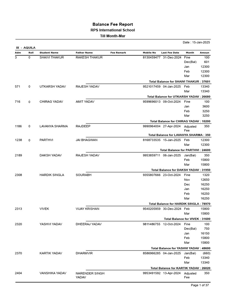 Student Fee Balance Report 2025 | PDF