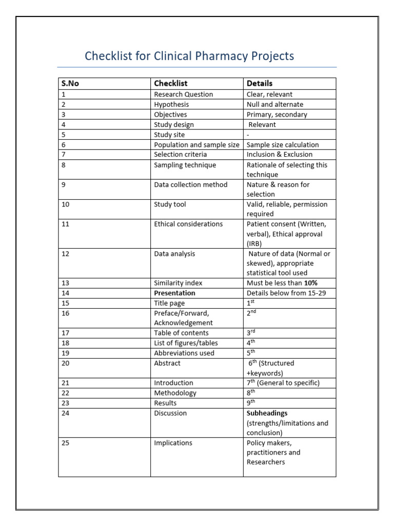 Checklist For Clinical Pharmacy Projects | PDF | Data | Null Hypothesis
