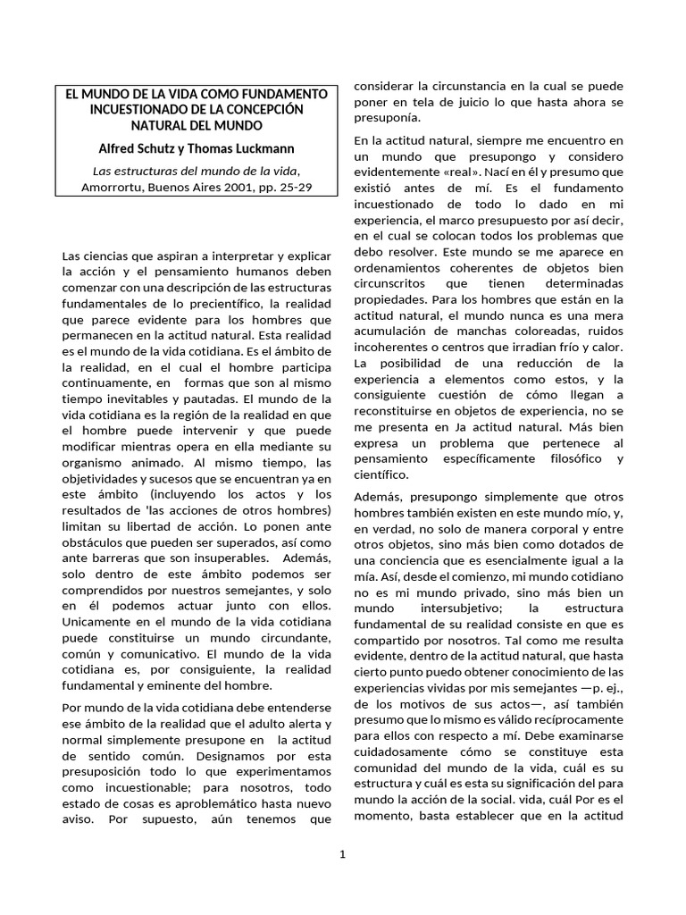 Estructuras del Mundo de la Vida Cotidiana | PDF | Realidad | Conocimiento
