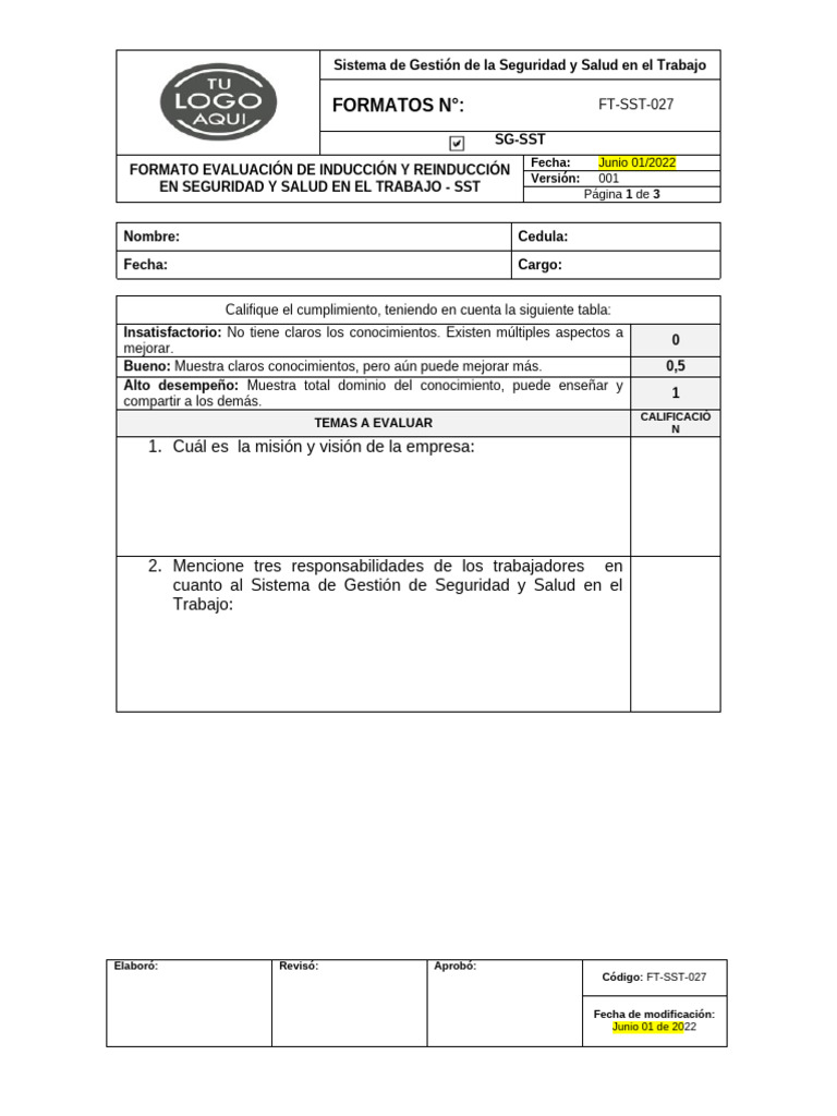 FT-SST-027 Formato Evaluación Inducción y Reinducción de SST | PDF