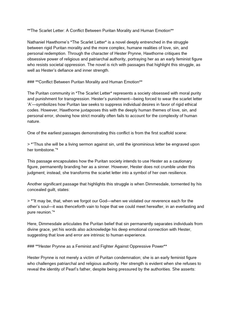 --The Scarlet Letter- A Conflict Between Puritan Morality and Human ...