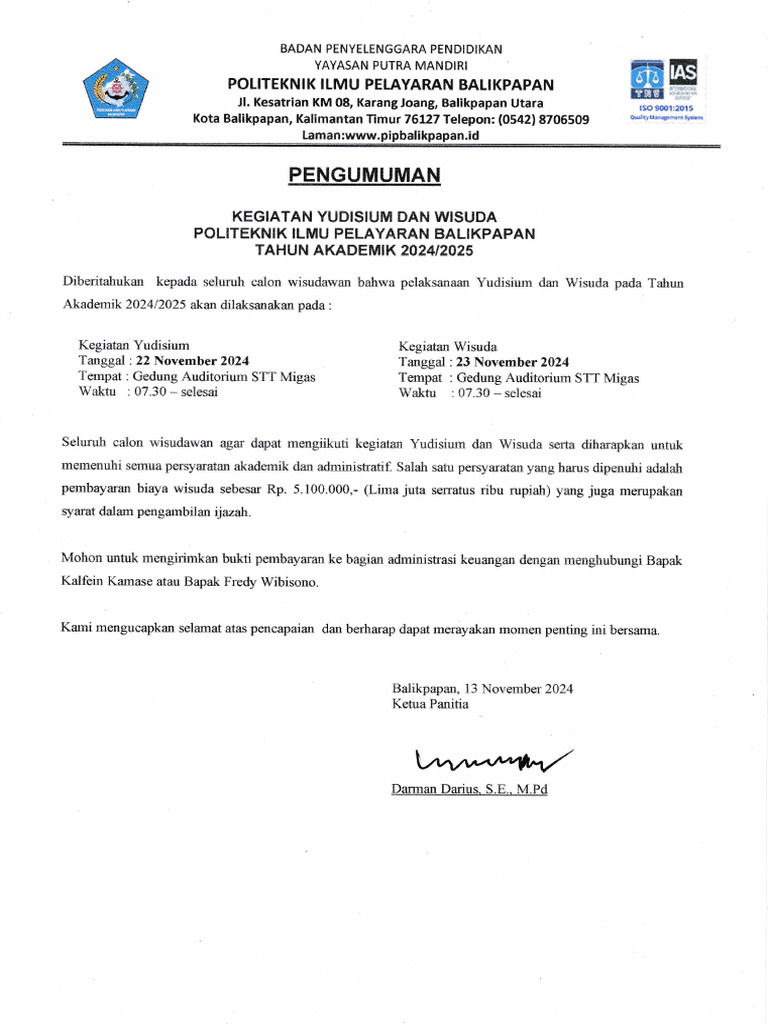 Surat Pengumuman Yudisium Dan Wisuda 2024 | PDF