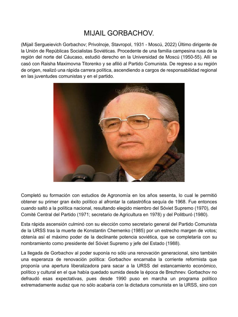 MIJAIL GORBACHOV Biografia SISTEMAS JURIDICOS 3 | PDF | Mikhail Gorbachev | Unión Soviética