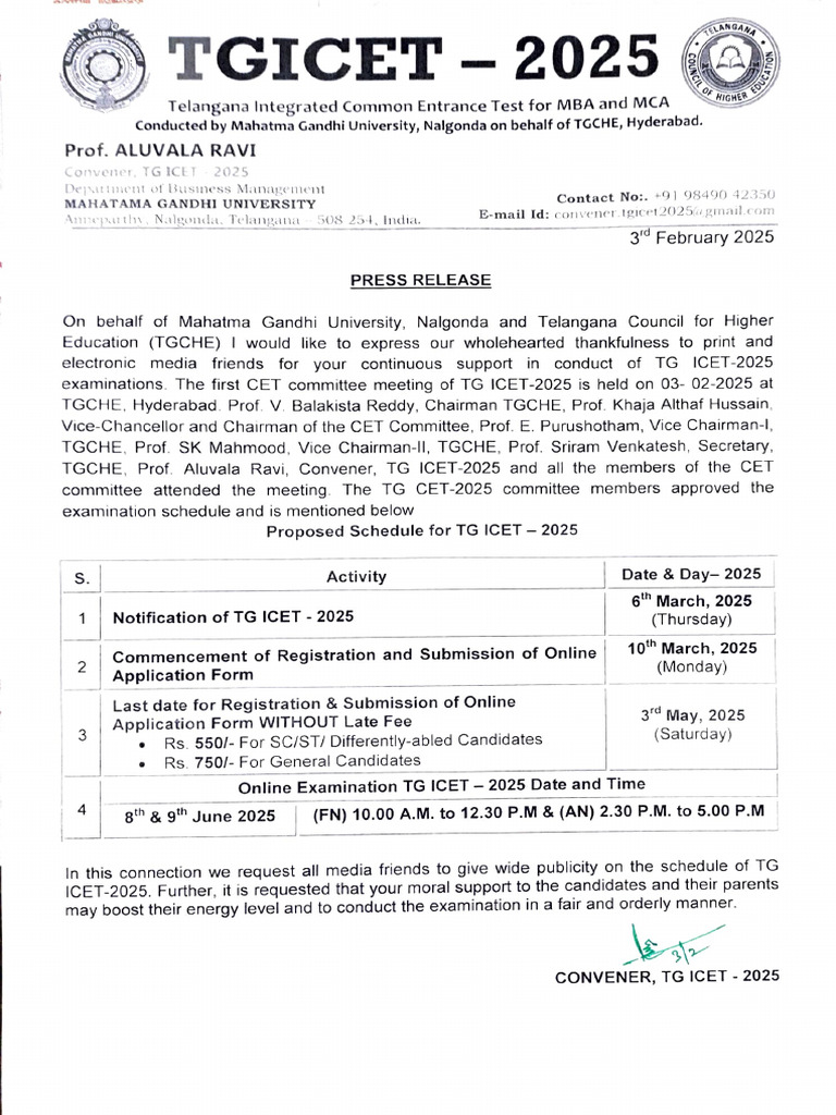 Press Release of TG ICET 2025 | PDF