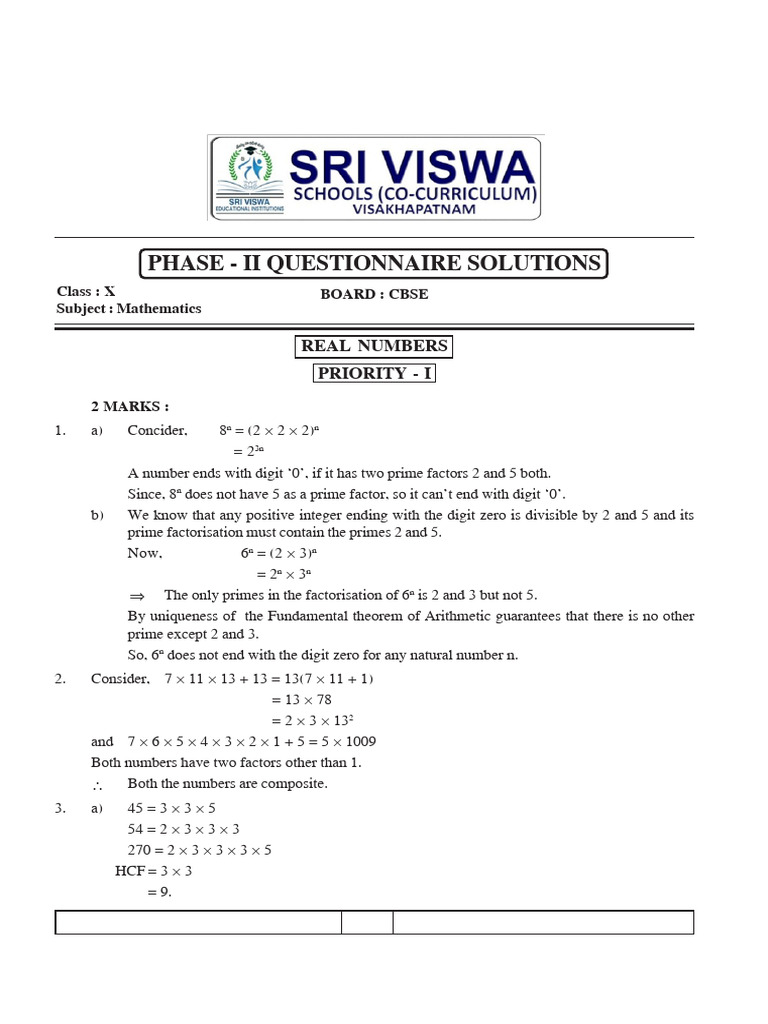 CBSE MATH PH - II REAL NUMBERS SOLUTIONS | PDF | Prime Number | Factorization
