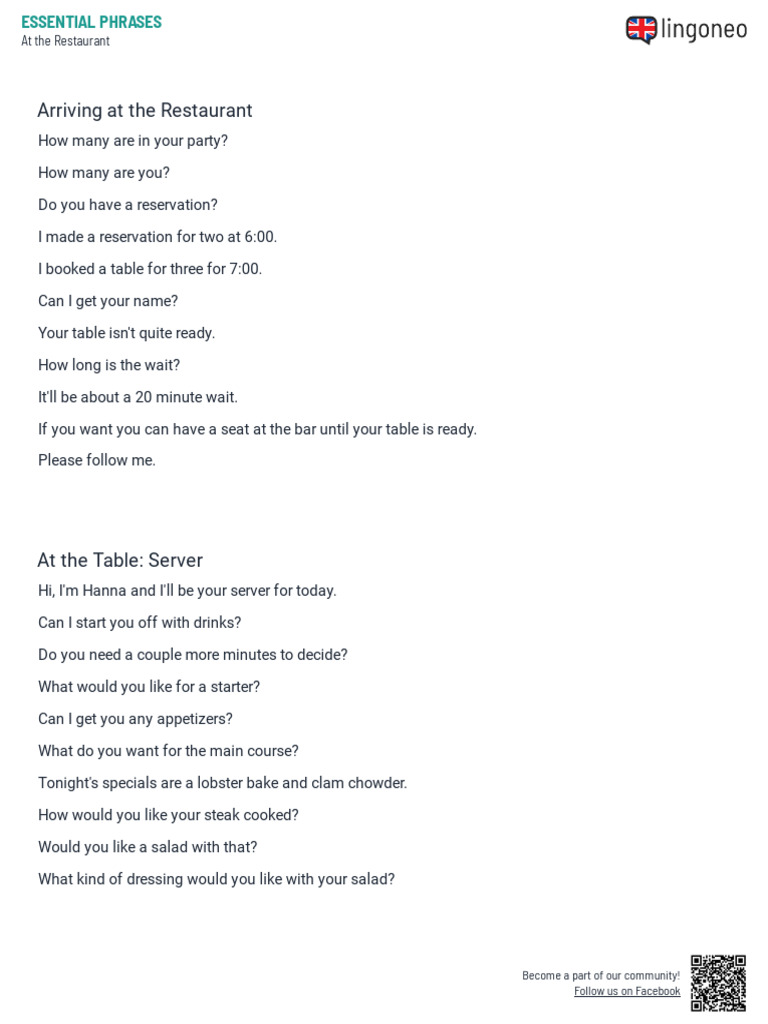 Essential Restaurant Phrases Guide | PDF | Restaurants | Salad