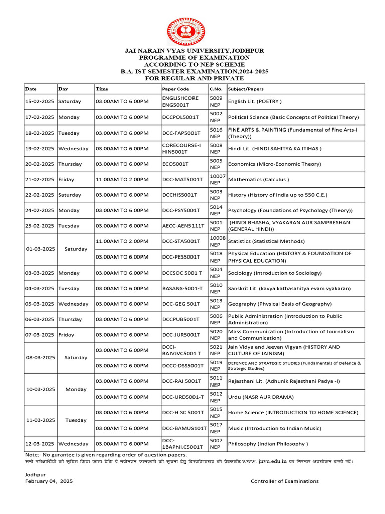 Ba First Semester Nep Scheme Examination 2025 For Regular and Private ...