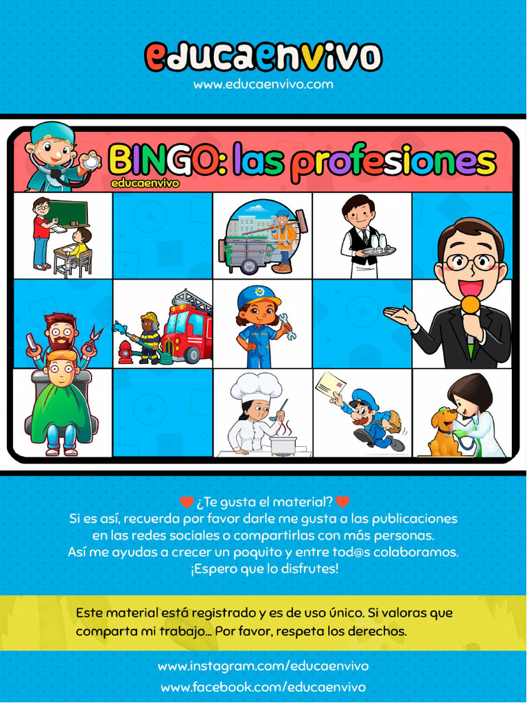 Bingo de Las Profesiones Educaenvivo | PDF