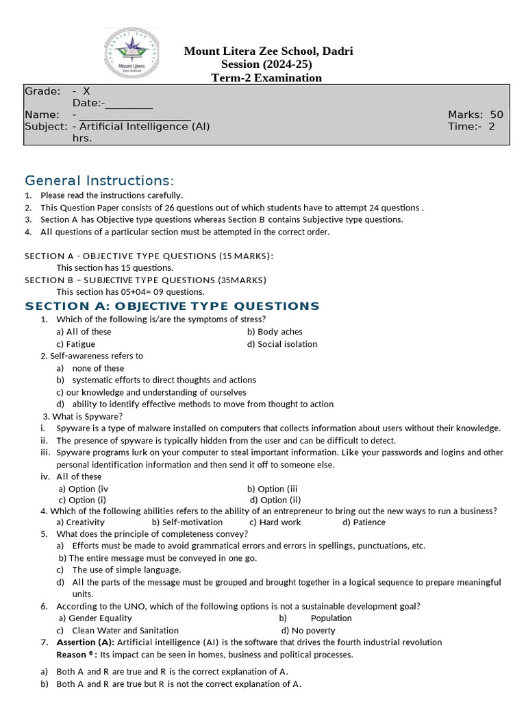 Class 10 AI Question Paper | PDF | Computer Keyboard | Artificial ...