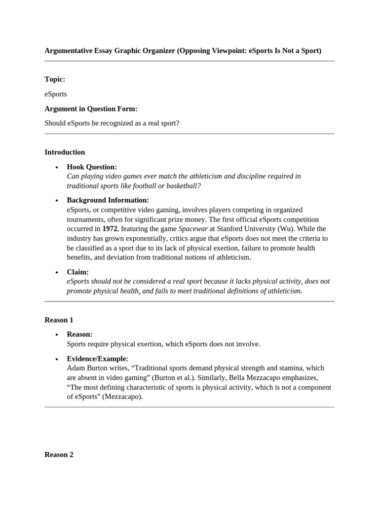 Argumentative Essay Graphic Organizer Video Games Are Not | PDF ...