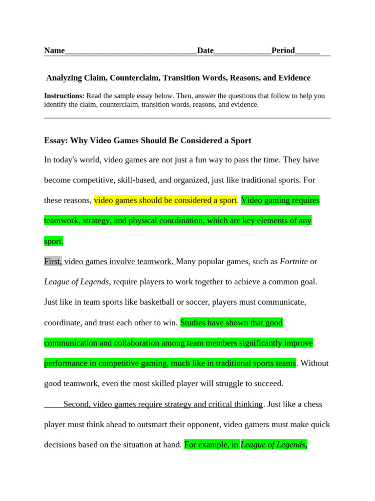 Analyzing Claim, Counterclaim, Transition Words, Reasons, and Evidence ...