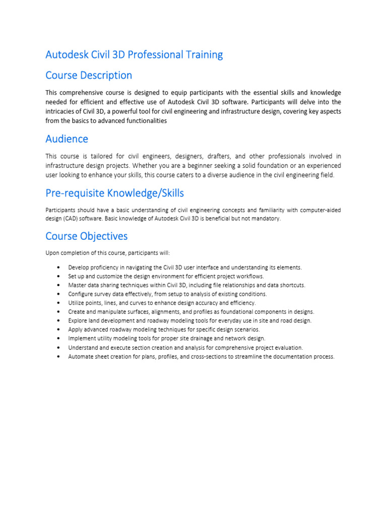 Autodesk Civil 3D Professional Training Course Description | PDF | 3 D ...