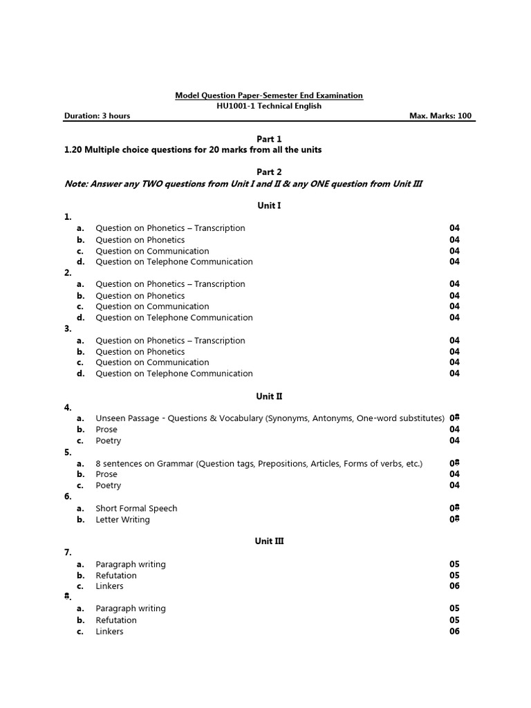 HU1001-1 Technical English - SEE Question Paper Patt - 241218 - 175750 ...