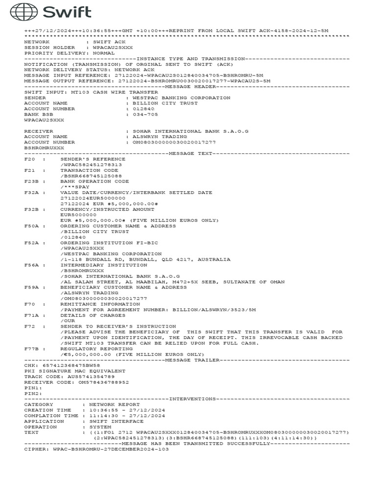 Mt103 Cash Wire Transfer Swift Message-wpacau2sxxx-Bshromruxxx | PDF | Wire Transfer ...