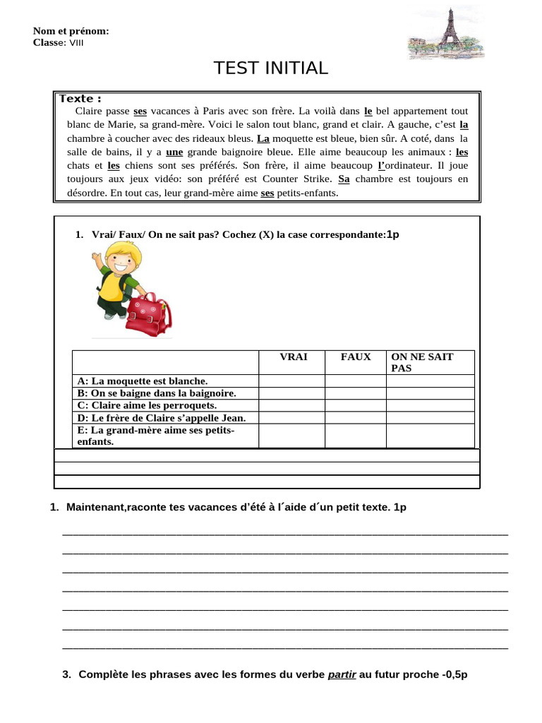 Test de français pour la classe VIII | PDF
