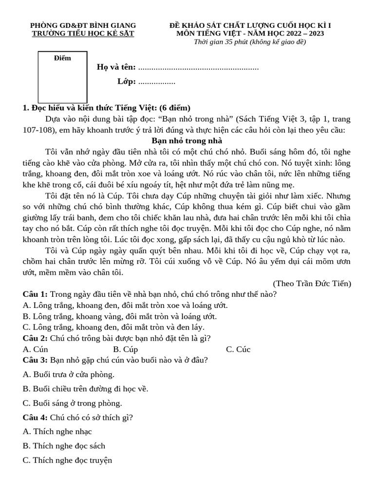 Đề KT Cuối HK1 Tiếng Việt - VHoa3C | PDF