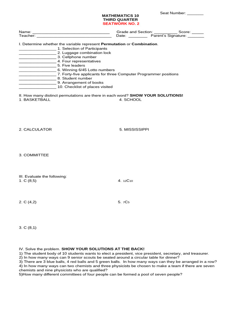 Math Permutations & Combinations Quiz | PDF