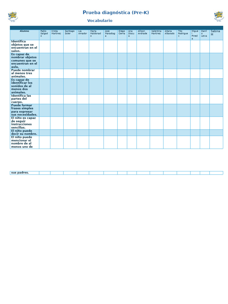 Prueba Diagnóstica de Vocabulario Pre-K | PDF
