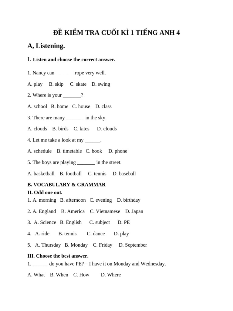 ĐỀ CUỐI KÌ E4 | PDF