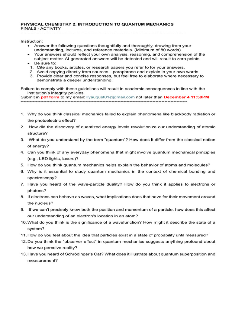 Activity Introduction To Quantum Mechanics | PDF | Quantum Mechanics ...