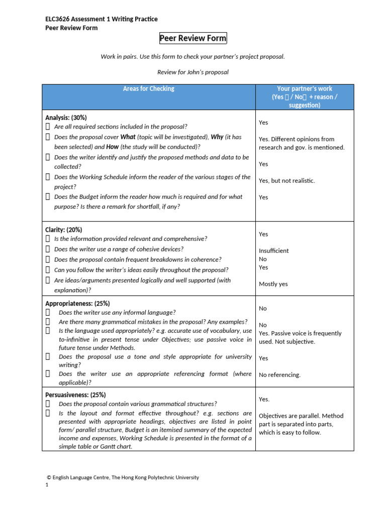 Peer Review Form for Project Proposals | PDF | Human Communication ...