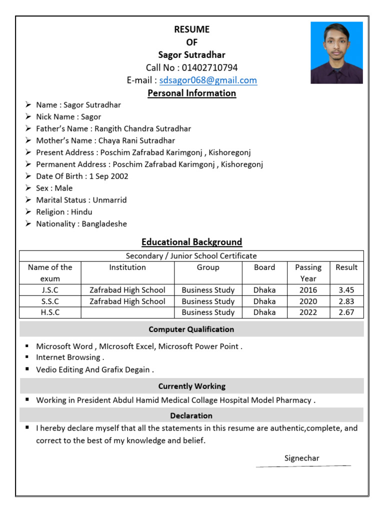 RESUME CV For Sagor | PDF