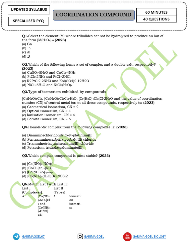 Coordination Compounds 20 Years Specialized Pyq by Garima Goel | PDF | Coordination Complex | Ligand
