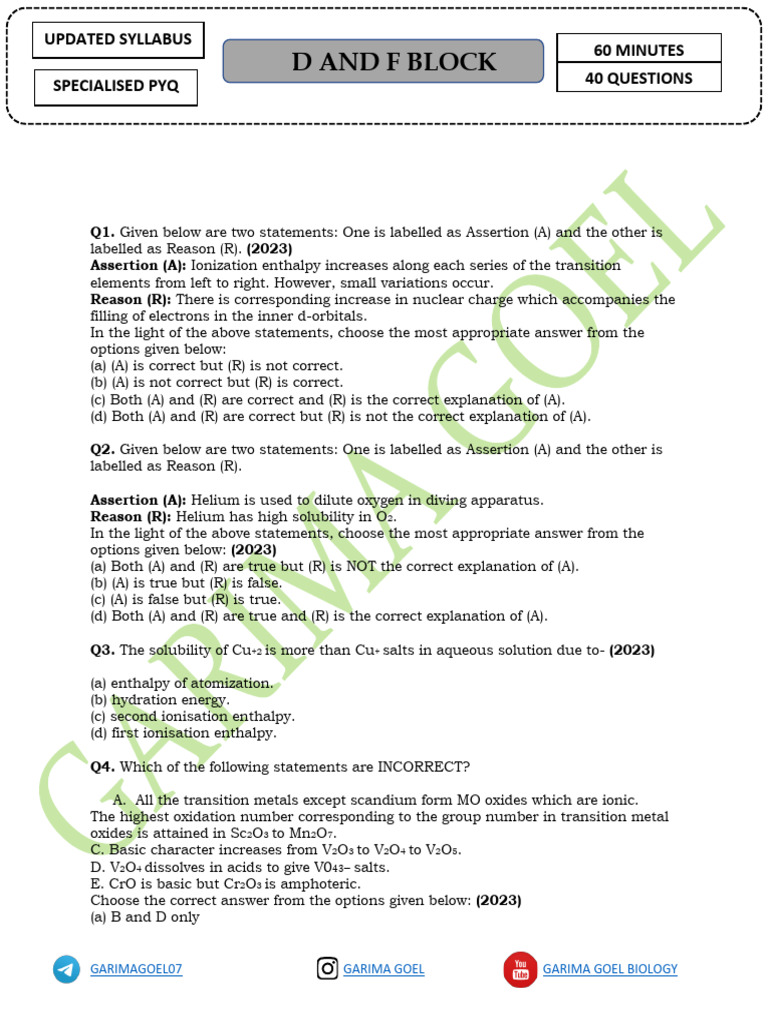 D AND F BLOCK ELEMENTS 20 Years Specialized Pyq by Garima Goel | PDF | Lanthanide | Salt (Chemistry)