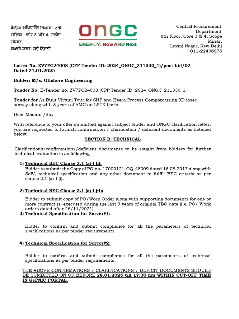 ONGC Tender Clarifications Request 2025 | PDF